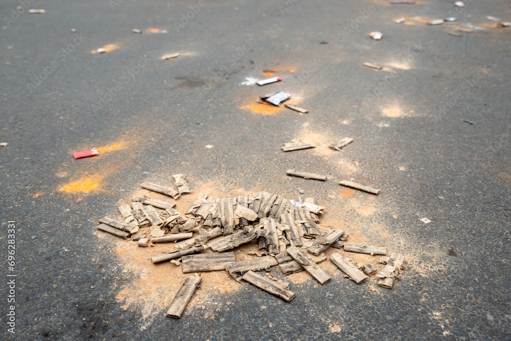 Fireworks rocket launcher box trash remains on german city street after ...