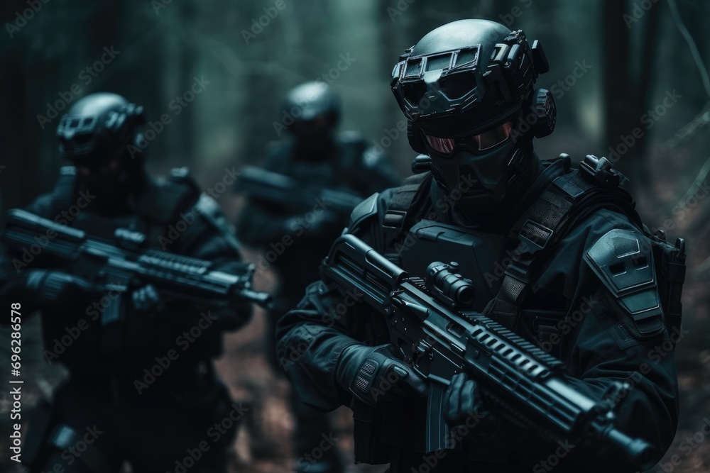 Futuristic Army soldier in Combat Uniforms with assault rifle, plate ...