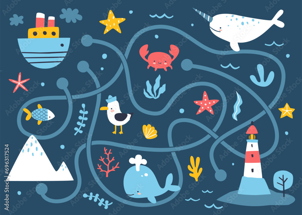 Mini marine labyrinth game for children. Doodle maze with sea animals ...