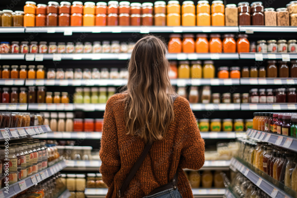 A woman comparing products in a grocery store, considering nutrition ...