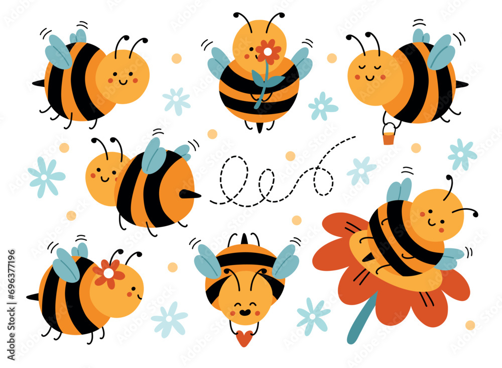 Cartoon funny honey bees. happy little hard working creatures, flying ...
