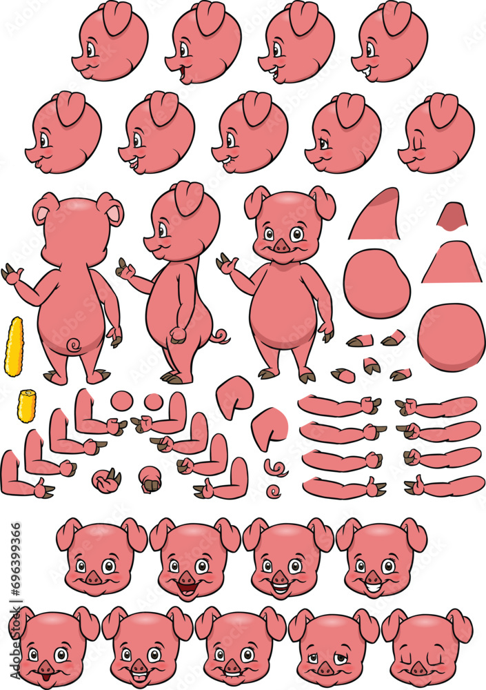 Vector cartoon style pig character for animation. Different emotions ...