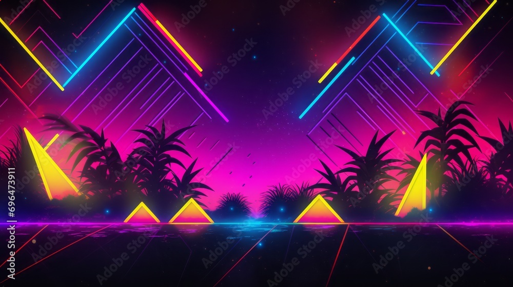 1980s symbols, triangle, glasses, sun, palm trees, illuminated signs ...