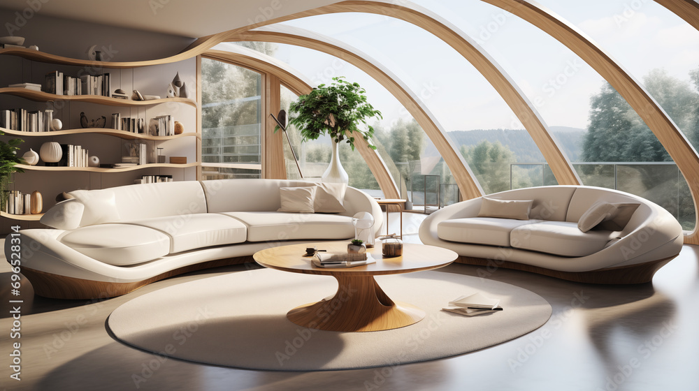 Photo of an interior with furniture with organic, curved forms, radial ...