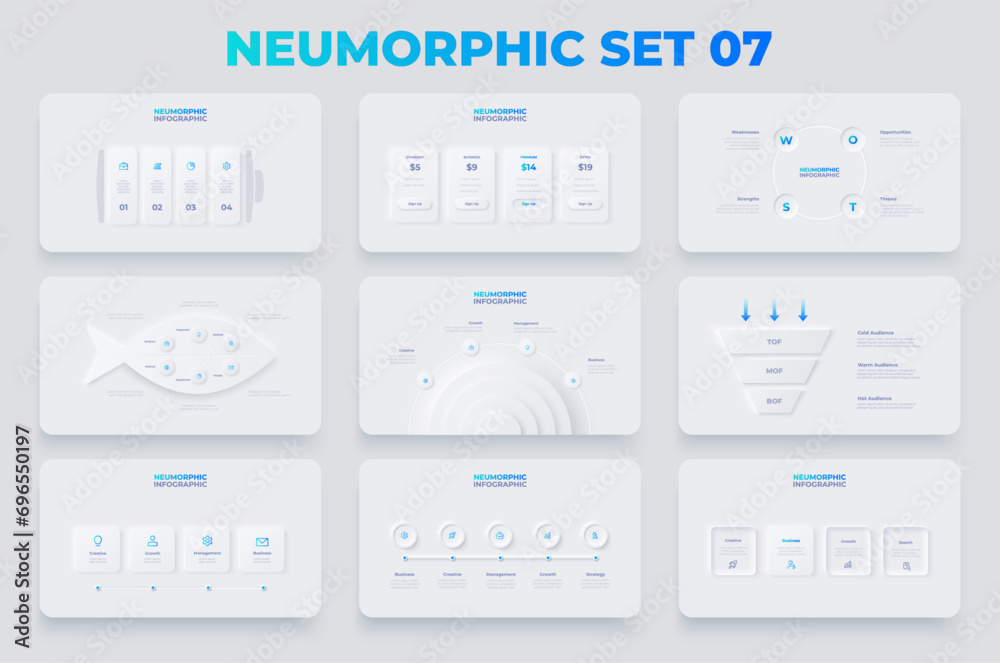 Neumorphism infographics elements set with 3, 4 and 5 options. Battery ...