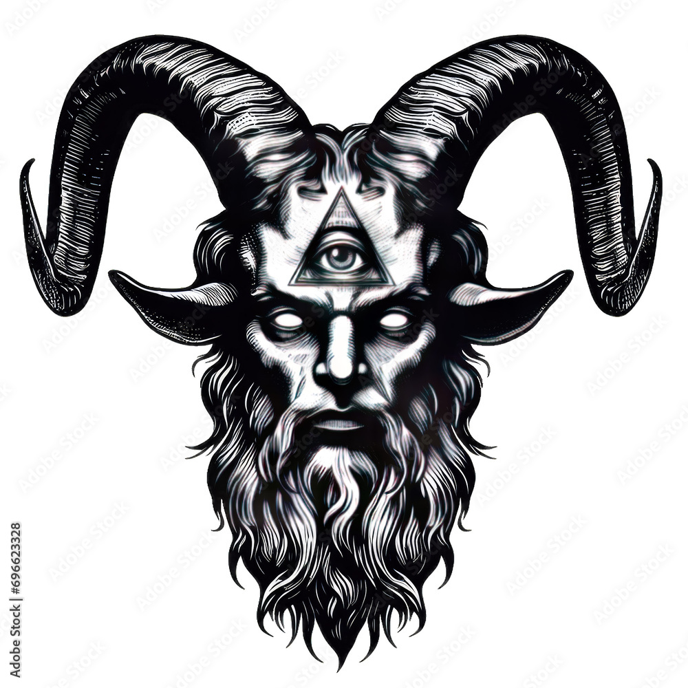 baphomet with horns and eye of proivdence black and white tattoo design ...