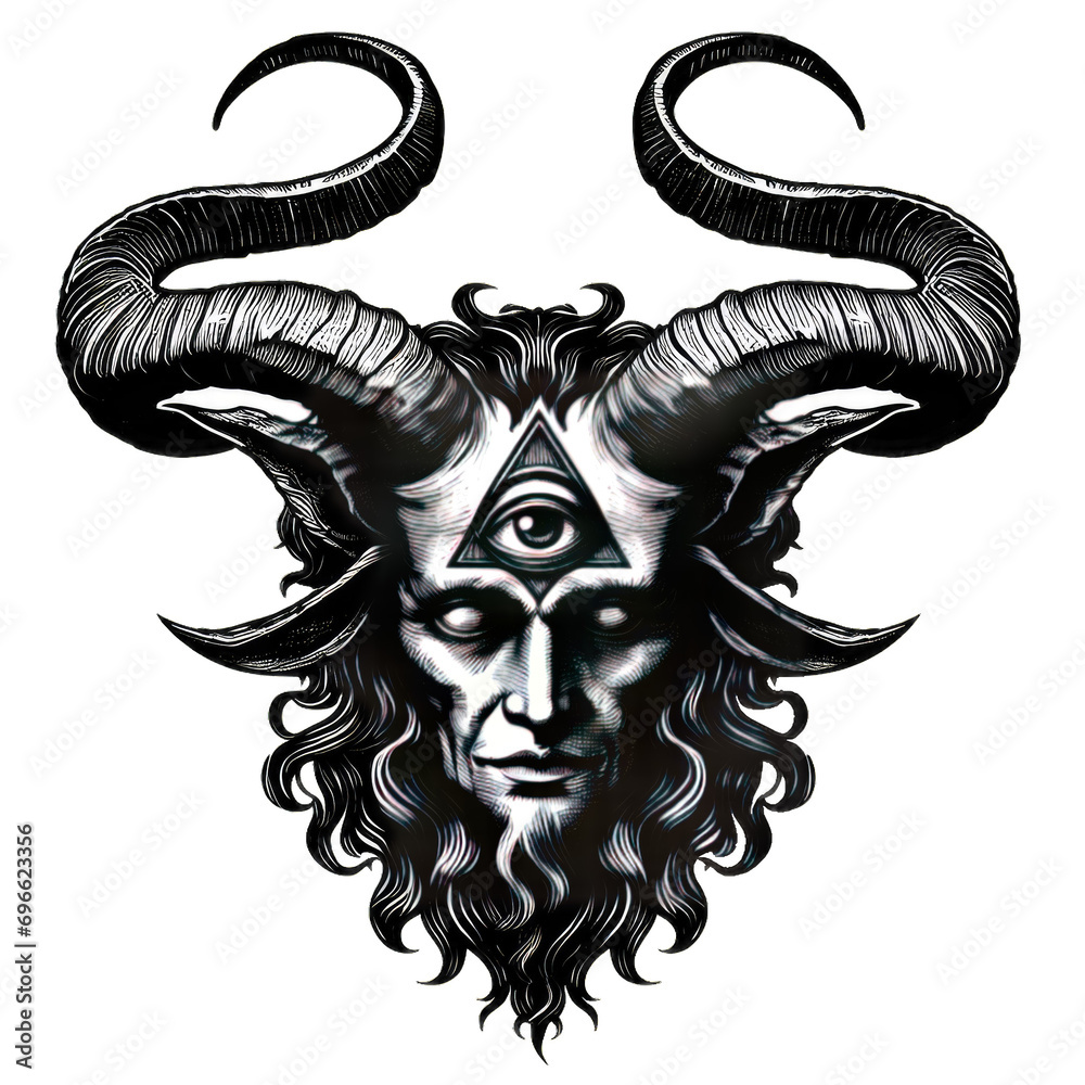 baphomet devil with horns and eye of providence, black and white tattoo ...