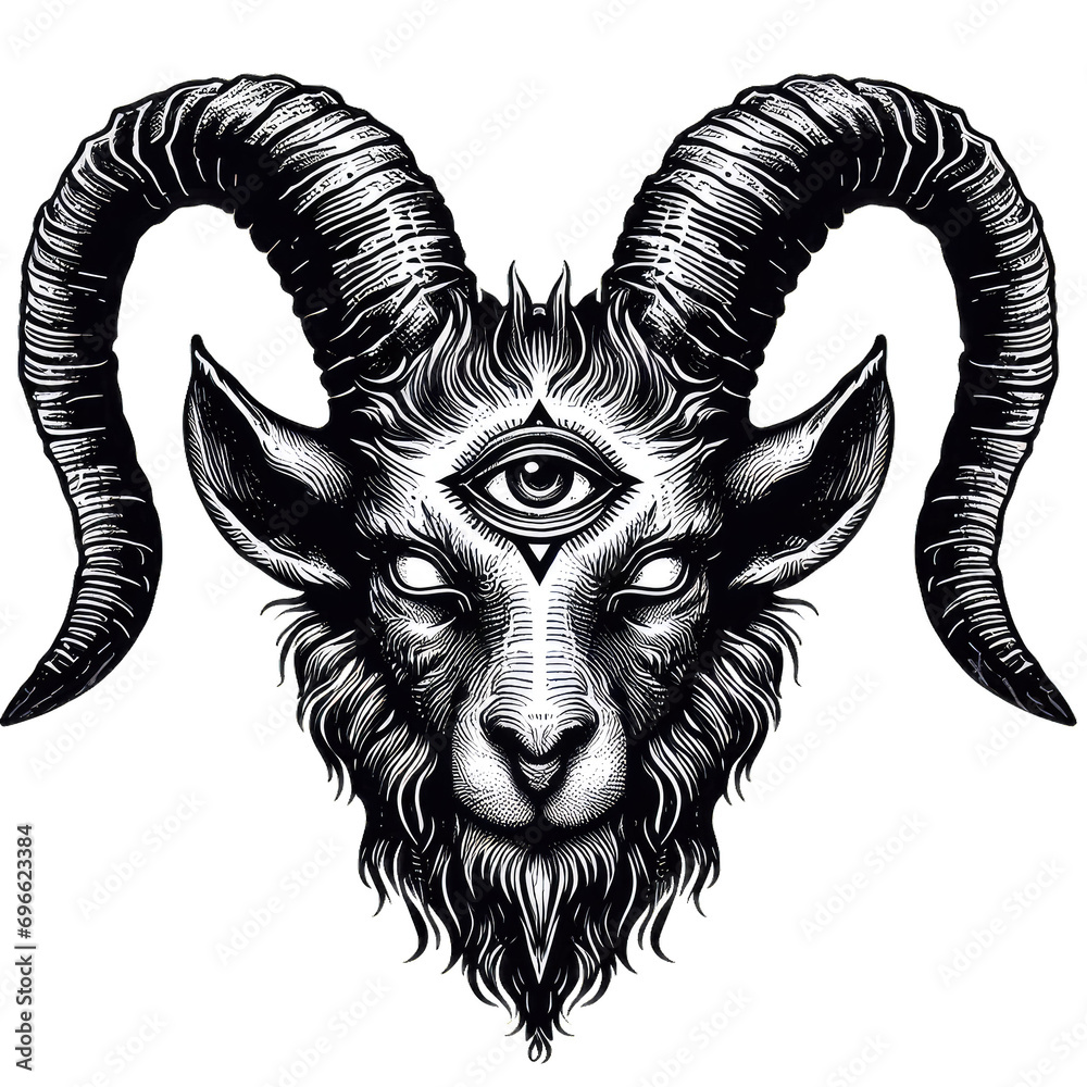 baphomet with horns and third eye black and white tattoo design concept ...