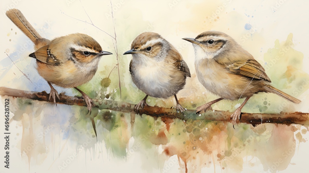 Three wrens side by side on a tree branch Stock Illustration | Adobe Stock