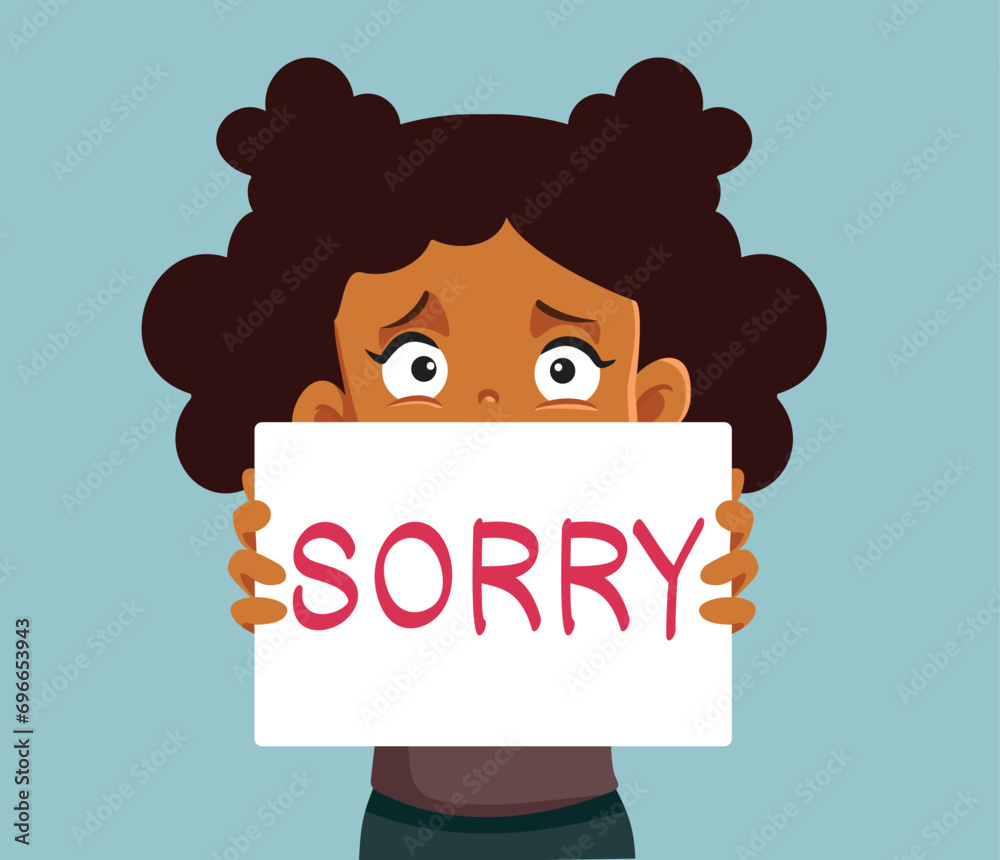 Little Girl Feeling Sorry Holding a Placard Message Vector Cartoon. Sad ...