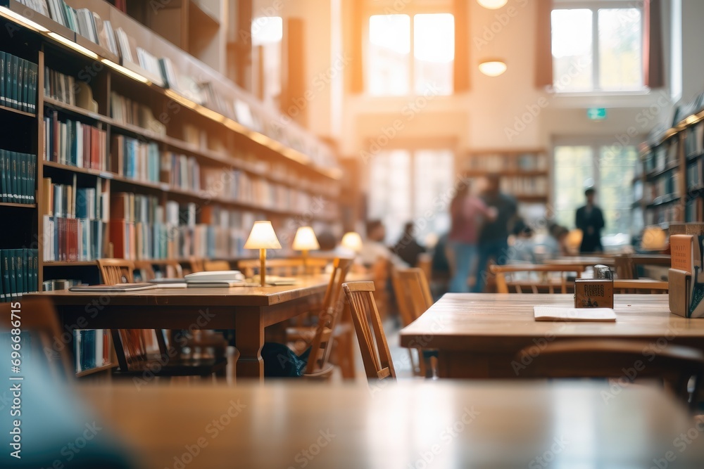 Library interior with bookshelves, tables and chairs. Selective focus ...