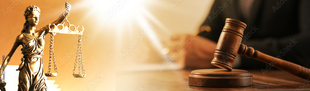 Symbol of fair treatment under law. Figure of Lady Justice and lawyer's ...