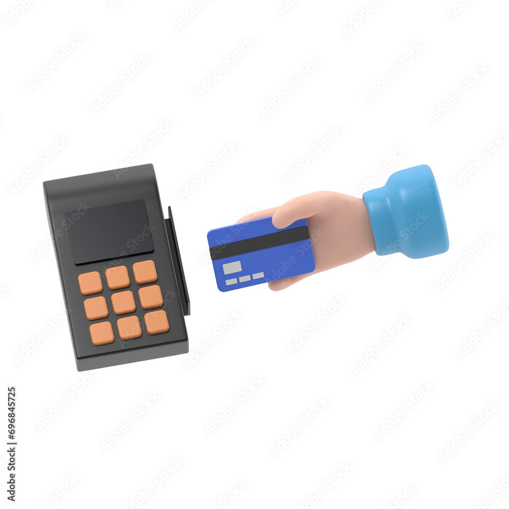 Cartoon hand holding credit card and payment terminal. POS terminal ...