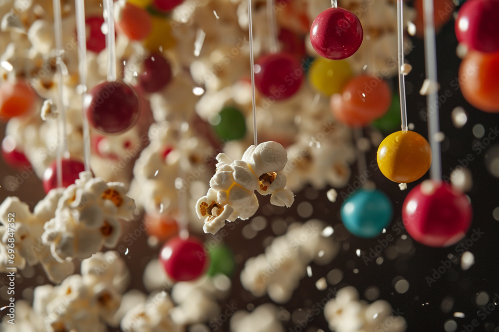 popcorn and candy suspended in mid-air using transparent strings ...