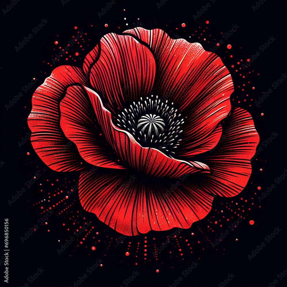 Stylized red poppy flower on black background. Remembrance Day ...