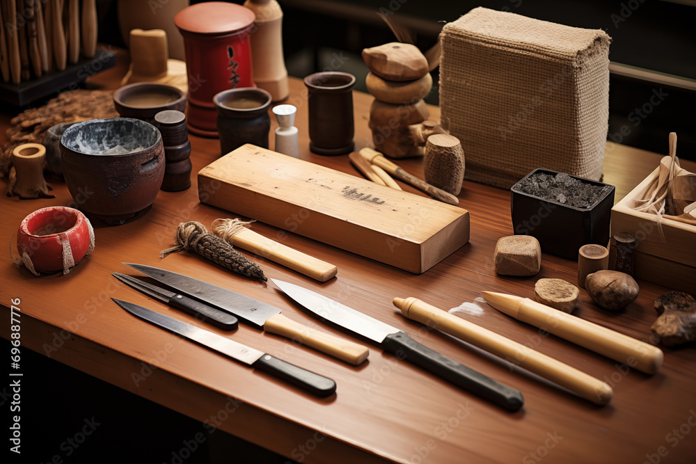 Traditional sushi-making tools and utensils, leaving space for a brief ...