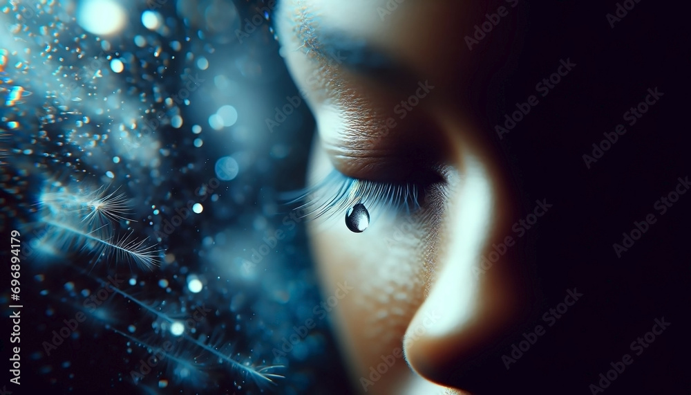 Sad woman concept - closed eyelid closeup with a teardrop on eyelashes ...
