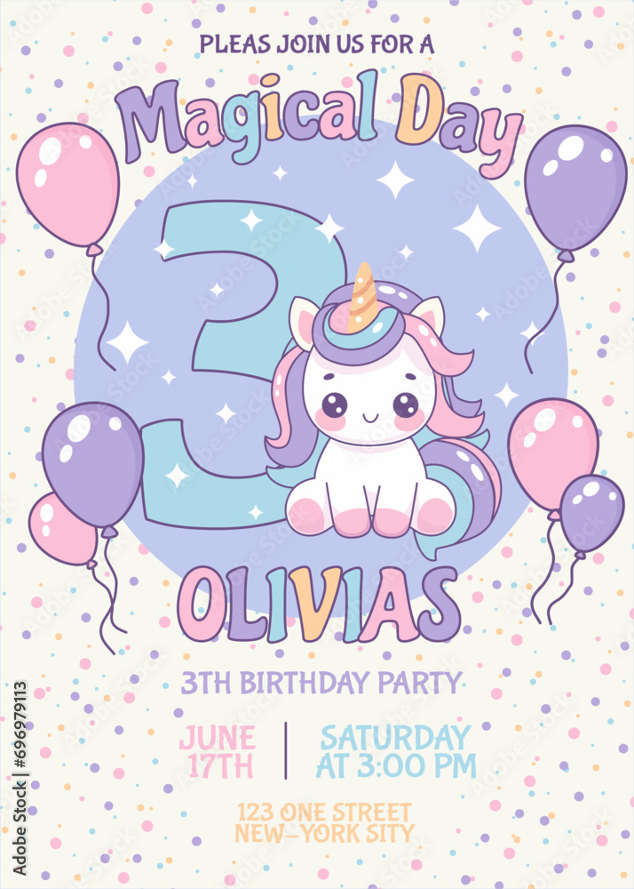 Birthday invitation card design with number, unicorn and balloons ...
