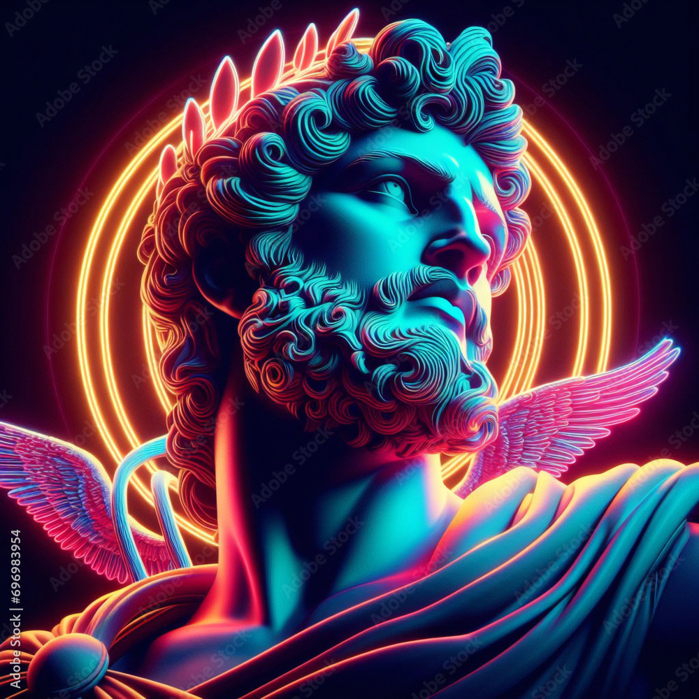 Statue neon. On a blue isolated background. Gypsum statue of Apollo's ...