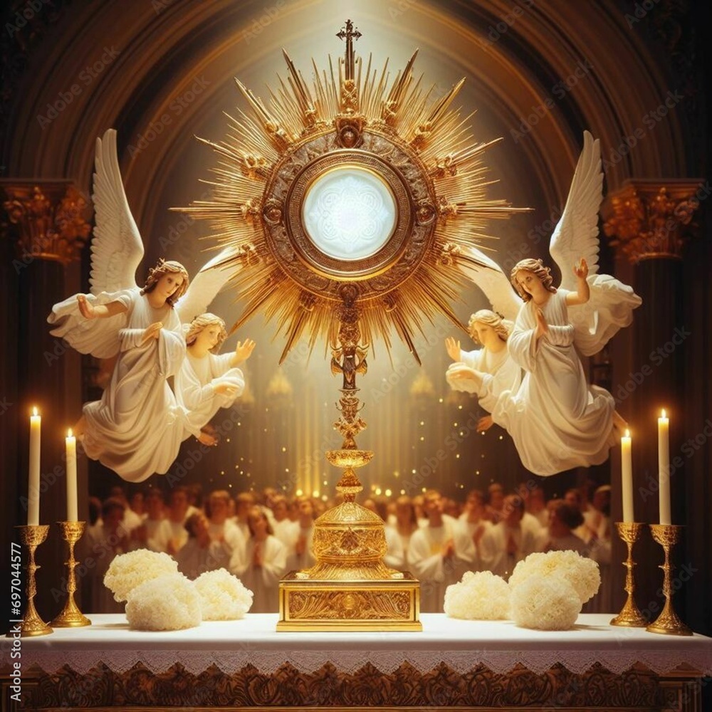 Blessed Sacrament exposed in the monstrance with angels around Stock ...
