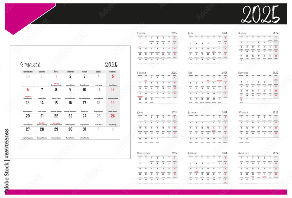Polish calendar for 2025 with names and holidays Stock Vector | Adobe Stock
