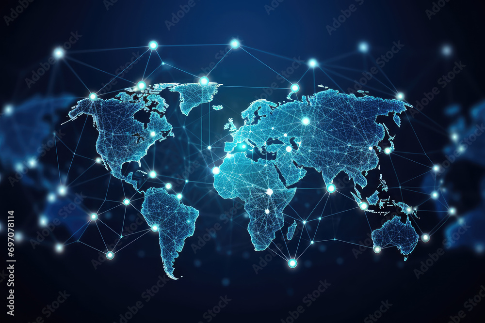 Abstract mash line and point scales on dark background with map of ...