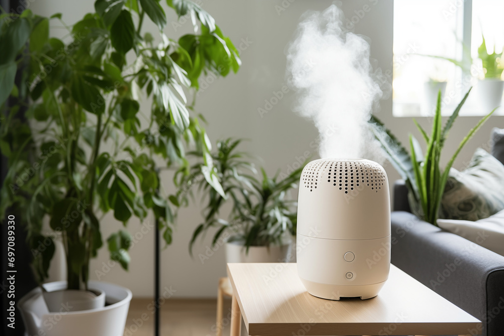 air humidifier works in modern living room with plants. still life with ...