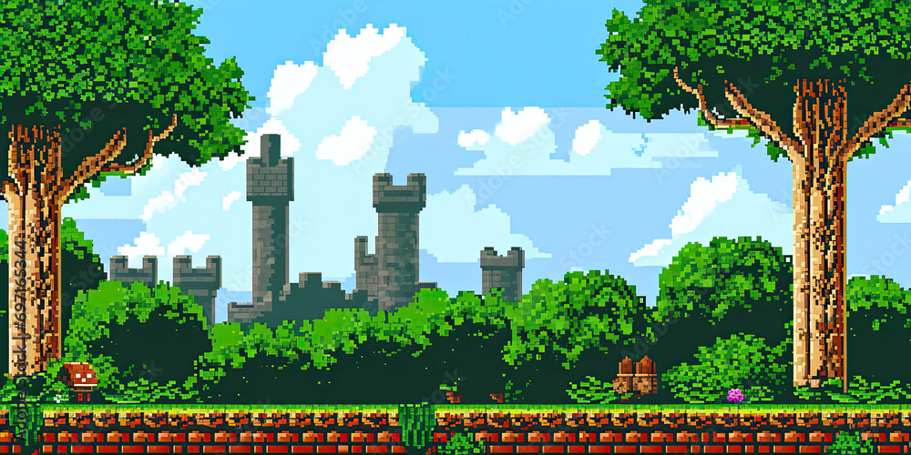 Castle background video game style illustration castles towers 8-bit ...