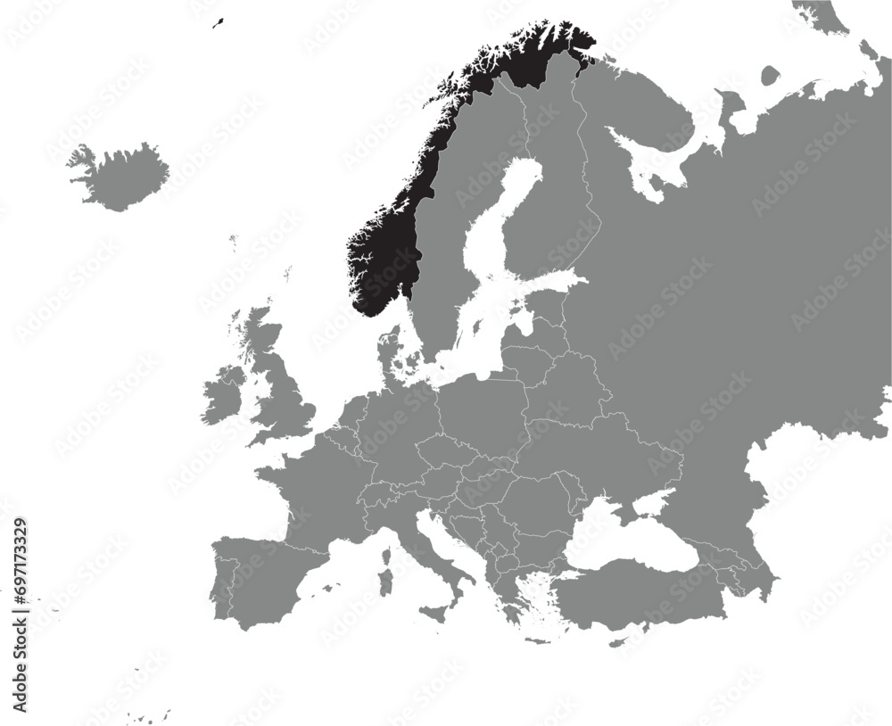 Black CMYK national map of NORWAY inside detailed gray blank political ...