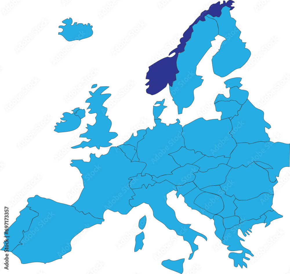 Dark blue CMYK national map of NORWAY inside simplified blue blank ...