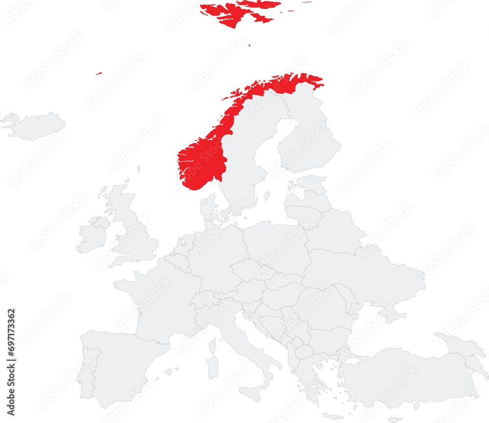 Red CMYK national map of NORWAY inside gray blank political map of ...