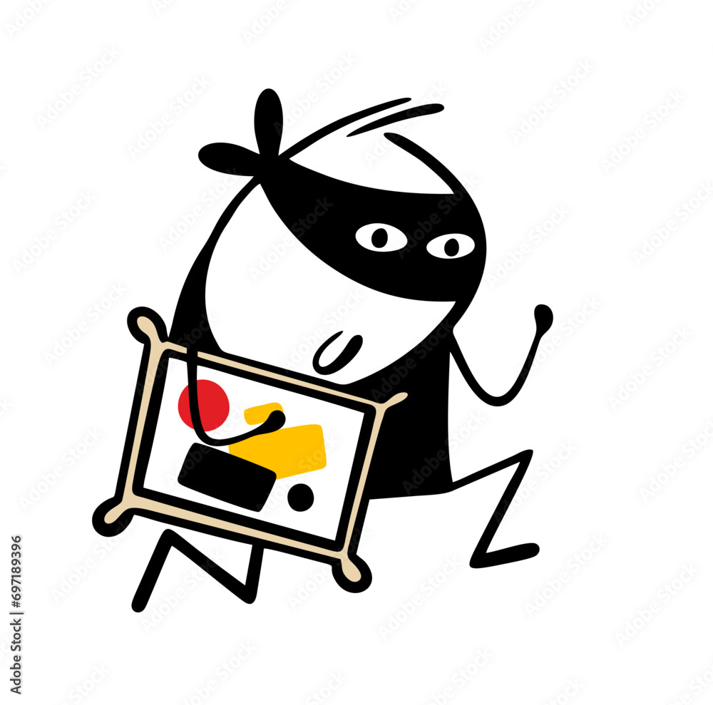 Funny stickman thief with painting escapes from museum. Vector ...
