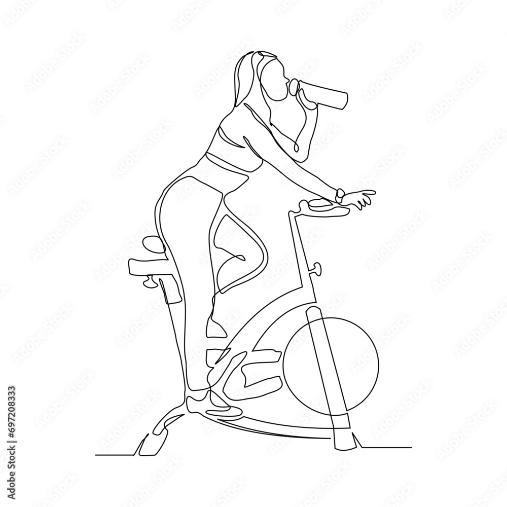 Continuous single line sketch drawing of athletic woman riding static ...