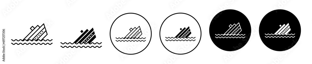 Sinking icon. cargo shipment collision disaster in ocean rescue of ship ...