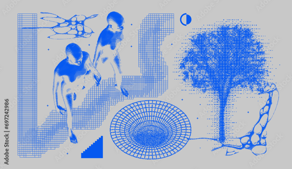 Brutalism 3D graphic. Retro futuristic aesthetic elements, geometry wireframe shapes and grids ...