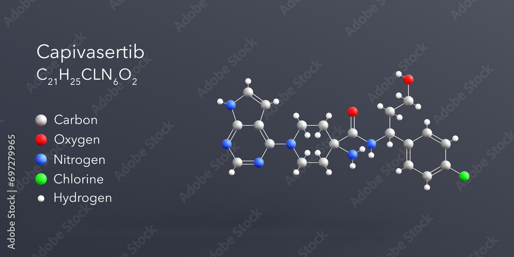 capivasertib molecule 3d rendering, flat molecular structure with ...