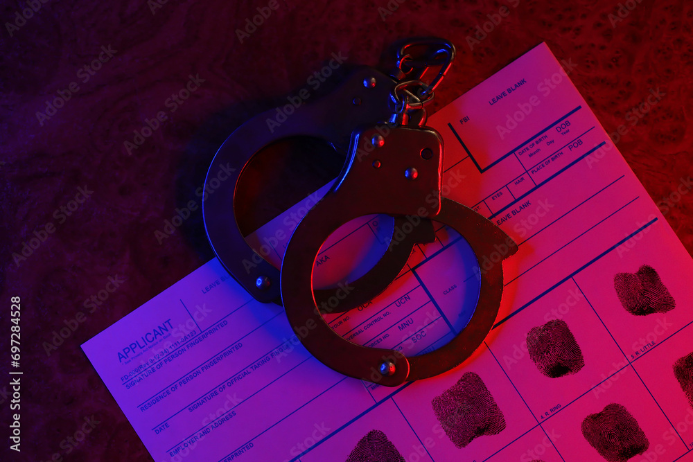 Applicant or fingerprints card with police handcuffs on table in dark ...
