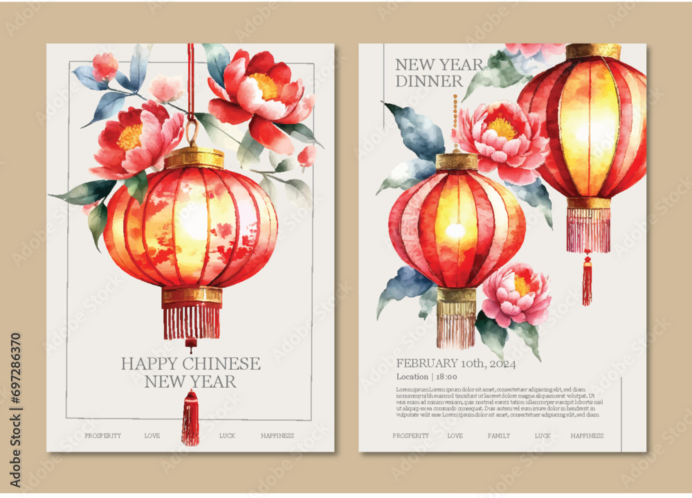 Happy Chinese New Year, Chinese Lanterns, Watercolor Posters, Menu or ...