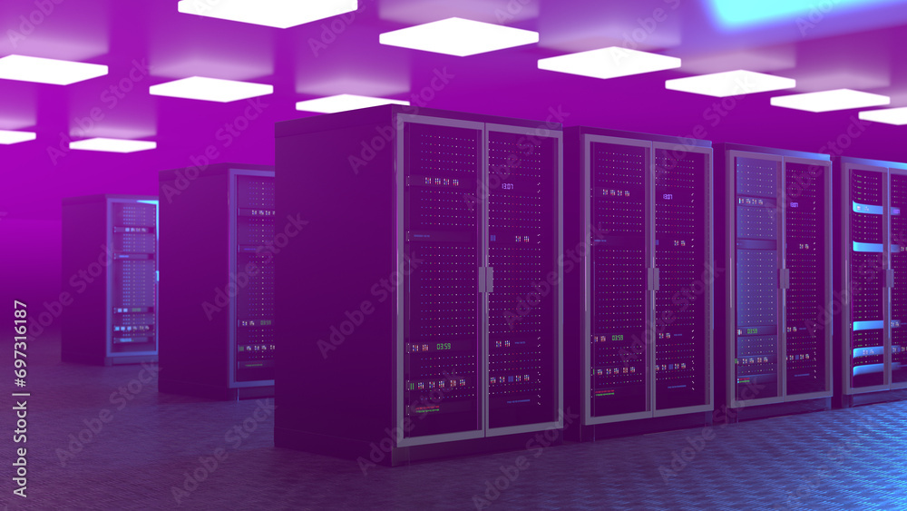 Server room. Server data center. Backup, mining, hosting, mainframe, farm and computer rack with ...