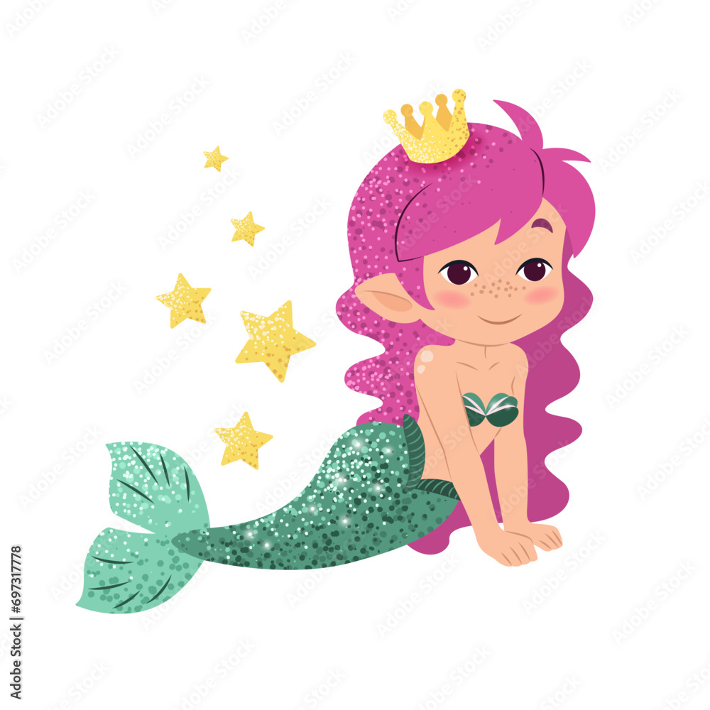Cute cartoon little mermaid. Vector illustration in flat style. Graphic ...