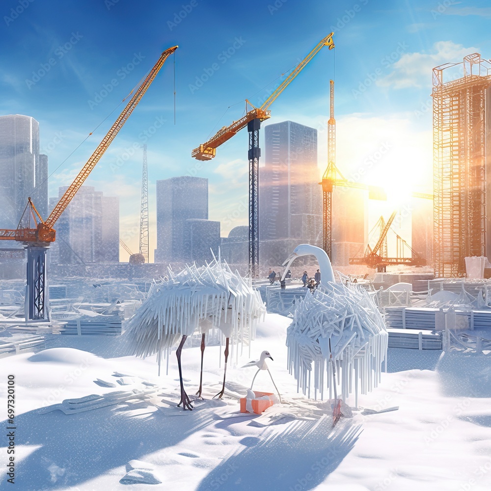 Ice sculpture crane, skyline, ice city complex, mid-view, ice and snow ...
