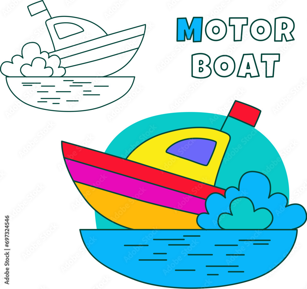 Motor boat coloring page vector illustration, small ship outline ...