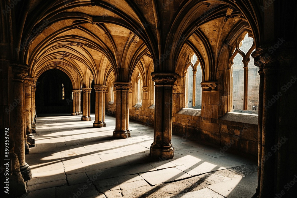 intricate play of light and shadow on Gothic arches of an ancient ...