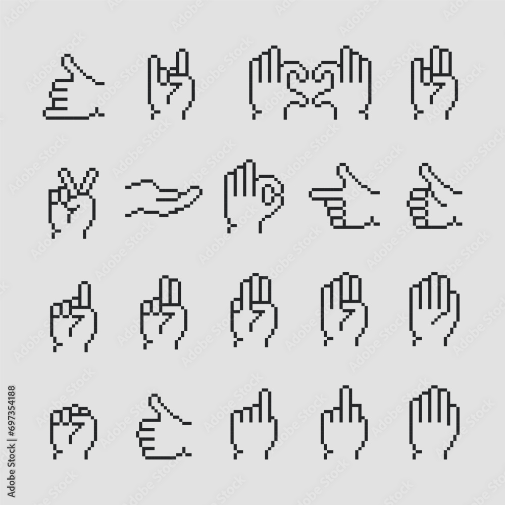 Vector de Stock 8 bit pixel art hand icons, pixel hands gestures icons ...