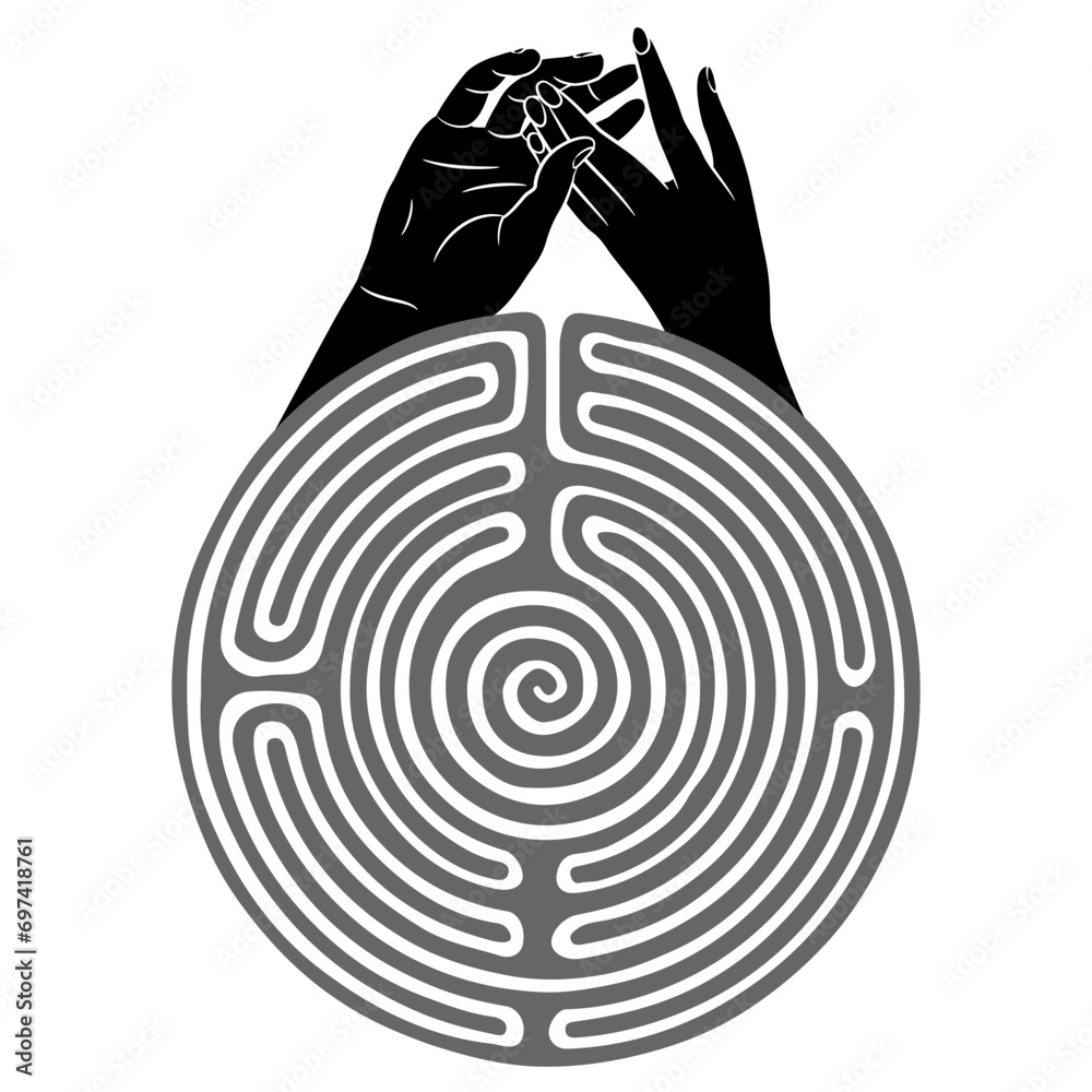 Holding hands of two lovers emerging from a round spiral maze or ...