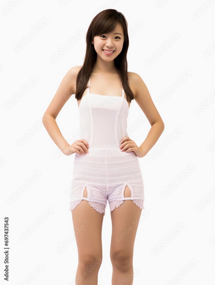 Beautiful Japanese female model with pure white skin, as a clothing model photo, beautiful smile ...