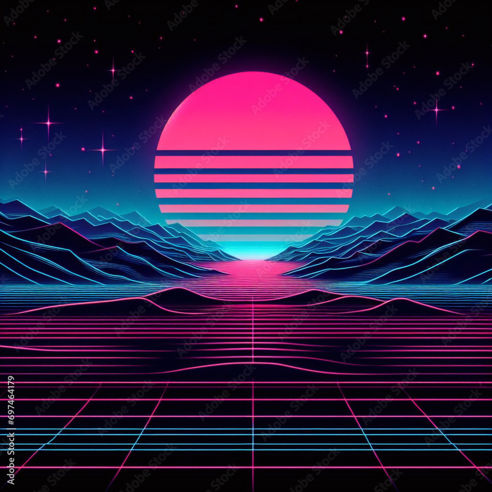 80s retro futuristic sci-fi background. Retrowave VJ videogame landscape with neon lights and ...