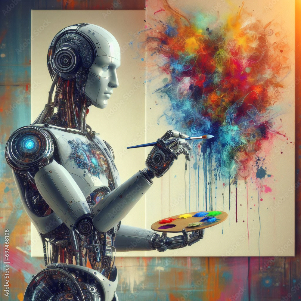 Humanoid robot artist painting a portrait on a canvas in an artist ...