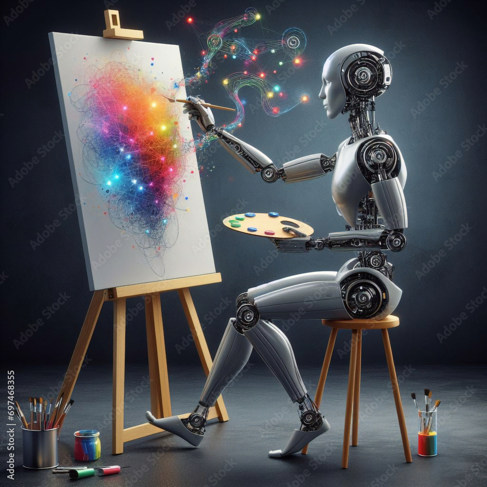 Humanoid robot artist painting a portrait on a canvas in an artist ...
