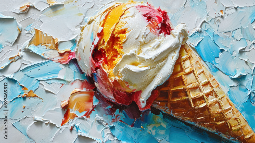 Artistic portrayal of a single fallen ice cream cone, its creamy ...